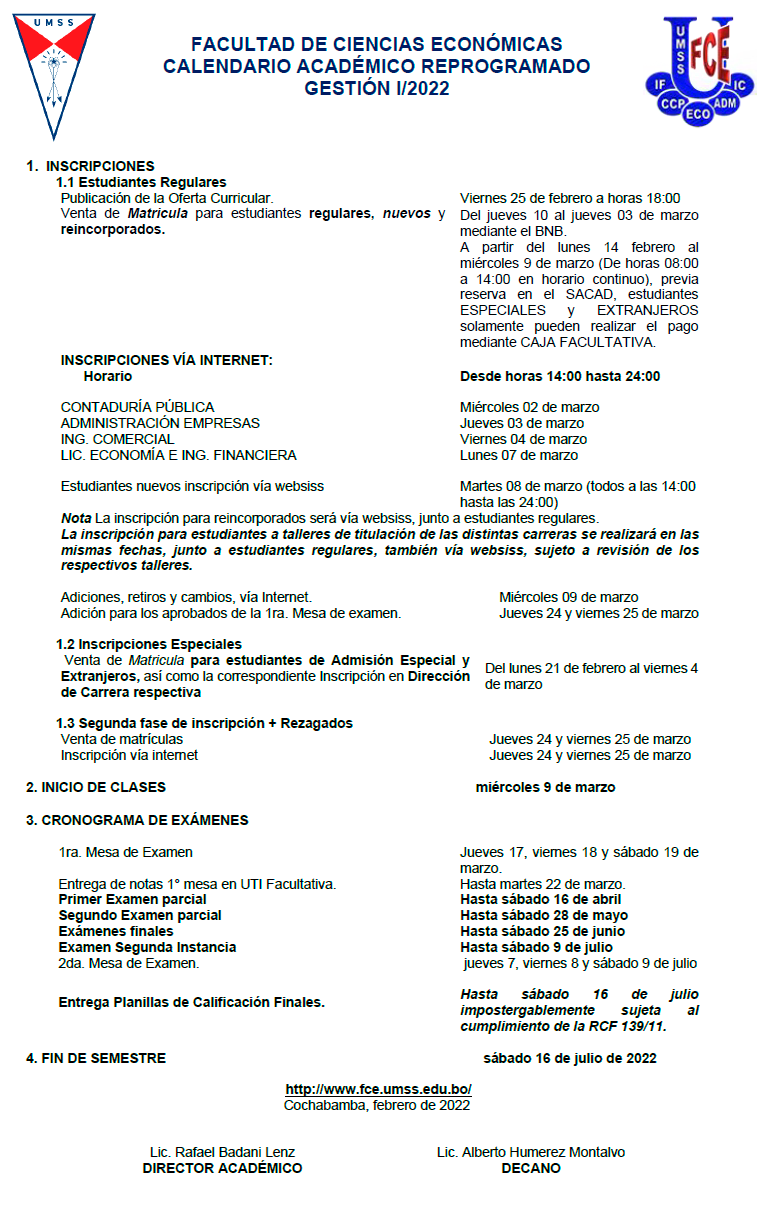 CALENDARIO ACADÉMICO REPROGRAMADO- GESTIÓN 1/2022 CALENDARIO ACADÉMICO REPROGRAMADO- GESTIÓN 1/2022